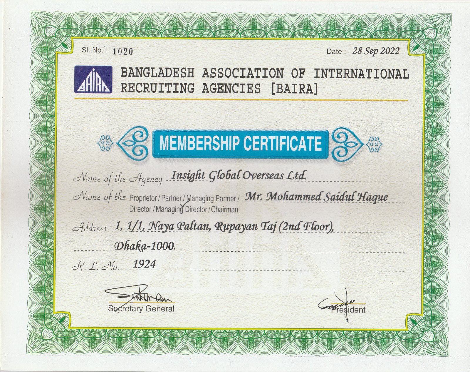Insight Global Overseas Ltd | Certificates